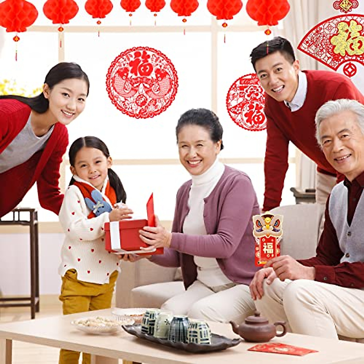 HOWAF Chinese New Year Decoration 2023- Fu Character Garland Red Lantern Garland, Lunar New Year Red Window Stickers, Red Envelope, Lion Hanging Card, New Year Eve Party Decoration Supplies, Pack of 54