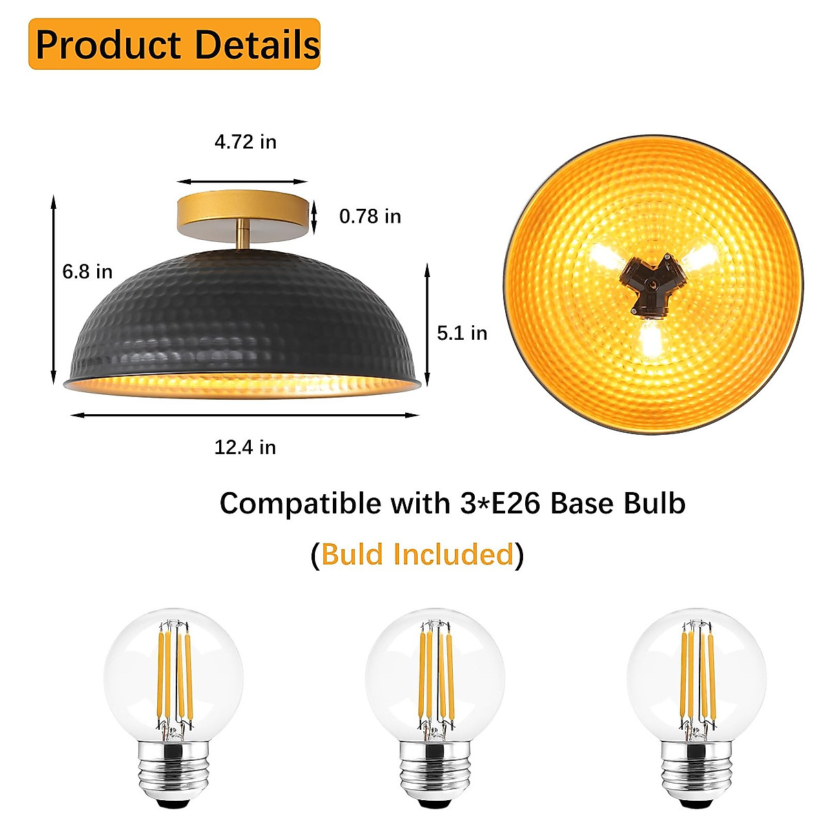 JackLove Semi Flush Mount Ceiling Light Fixture,Hammered Metal Shade Closed to Ceiling Lamp,3-Light Modern Industrial Ceiling Light for Hallway Entryway Foyer Living Room Badroom