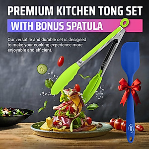 Kaluns Kitchen Tongs for Cooking Grilling Set of 4, BBQ Grill Tongs With Silicone Tip Stainless Steel Heat Resistant, Non-stick Pull Lock, Incl 7, 9, 12 Inch Tong Plus a Silicone Spatula