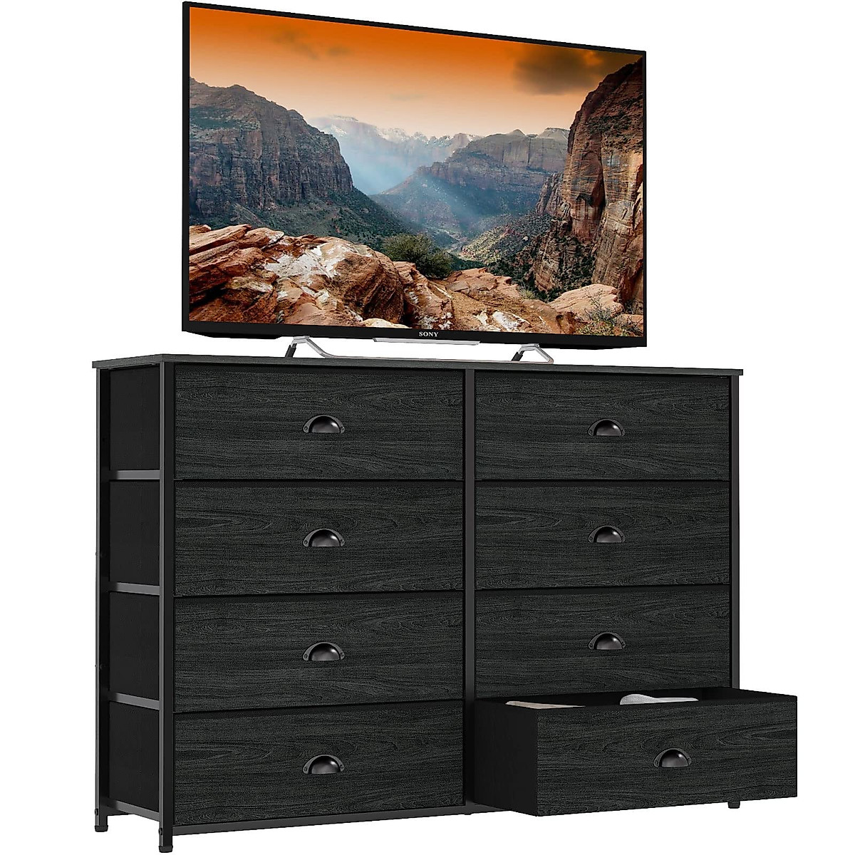 Furnulem 8 Drawer Dresser for Bedroom, TV Stand with Fabric Bins for 50'' TV, Large Chest of Drawers for Bedroom, Office, Dorm, Closet, Kids Room, Sturdy Metal Frame & Wood Top (Black Oak)