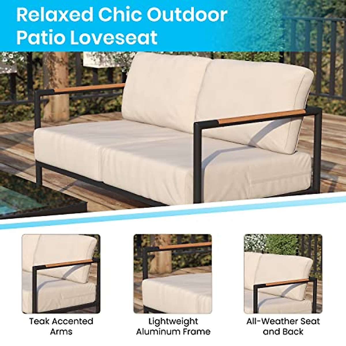 Flash Furniture Modern Patio Loveseat With Cushions - Contemporary Black Frame and Teak Accented Arms - Beige Cushions - Zippered Removable Covers
