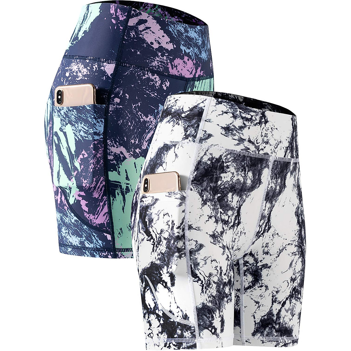 CADMUS High Waist Tummy Control Compression Shorts for Women Fitness Workout Running Shorts with Pockets23# Navy Pink & White Grey, Pack of 2, S