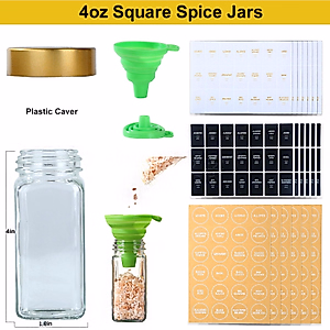 JARXSUN Glass Spice Jars with Label, 24Pcs Spice Jars with Shaker Lids-4 oz Gold Spice Seasoning Jars Bottles Containers Set for Spice Rack (24)