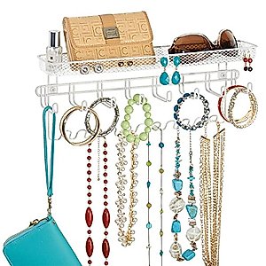 mDesign Steel Wall Mount Closet Jewelry Storage Organizer Rack Holder with 8 Hooks and Basket for Bedroom - Holds Necklaces, Bracelets, Watches, Sunglasses, Purses - Concerto Collection, White