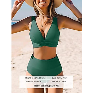CUPSHE Bikini Set for Women Two Piece Swimsuit High Waisted V Neck Ruched Front Wide Straps L, Green