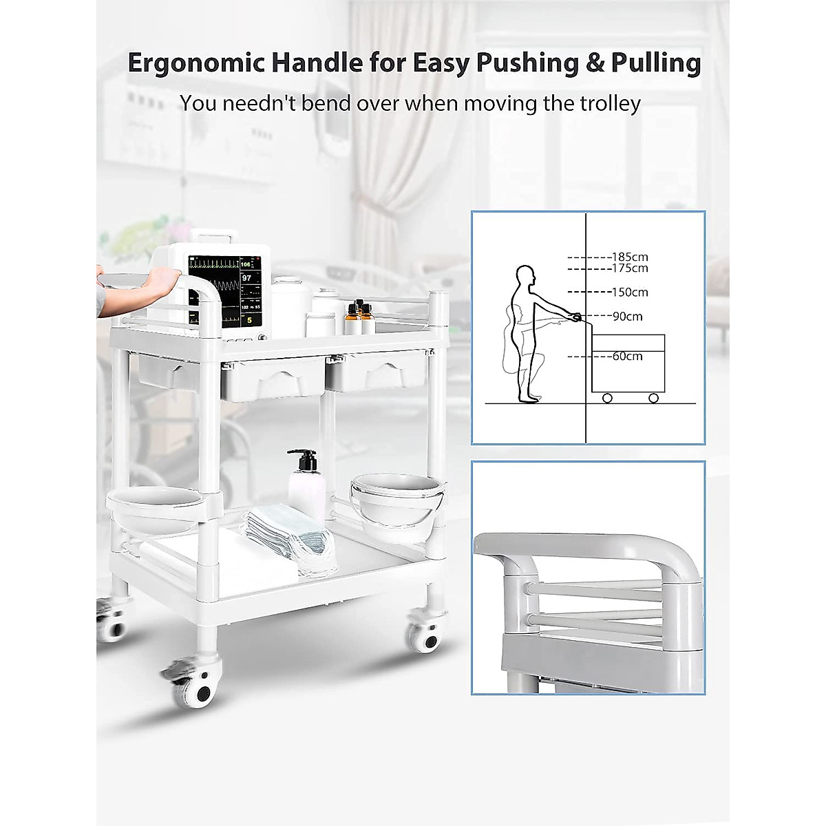 Mobile Trolley Cart, 2 Tier Heavy Duty Rolling Utility Cart with 360° Rotate Wheels, Medical Mobile Trolley Cart with Dirt Bucket & Drawer Spacious Beauty Salon Rolling Cart