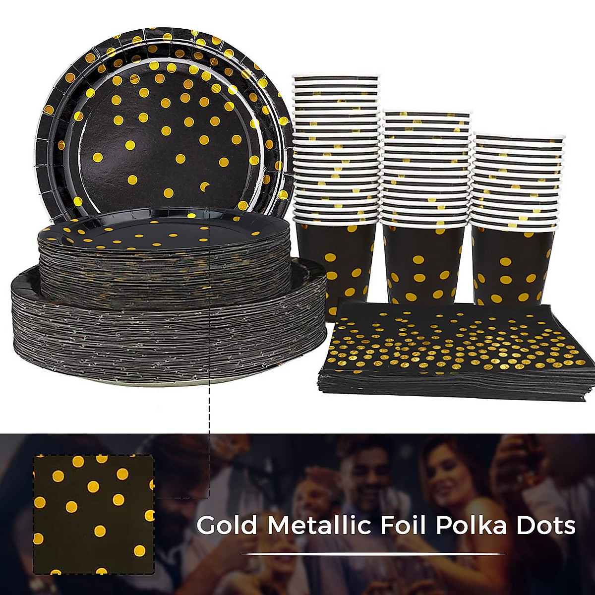Black and Gold Party Supplies - 200PCS Disposable Black Paper Plates Dinnerware Set Gold Dots 50 Dinner Plates 50 Dessert Plates 50 Cups 50 Napkins Wedding Birthday Party Baby Shower Christmas