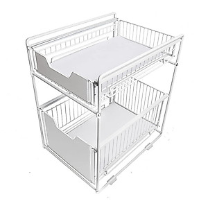 TristonSong Stackable 2-Tie Under Sink Cabinets Organizer with Sliding Storage Drawer, Pull Out Cabinets Organizer Shelf, Sliding Kitchen Countertop Storage Basket-White Large