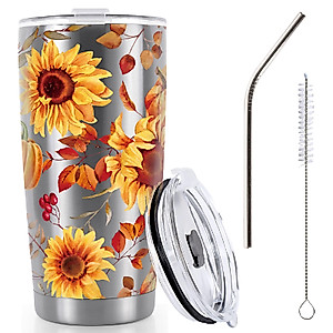 Whaline Fall Watercolor Sunflower Tumbler Stainless Steel Wine Tumbler with Straw and Cleaning Brush Autumn Thanksgiving Coffee Mug Cup for Women Girlfriend Besties Wife Lover Spouse Squash Gifts,1Pcs