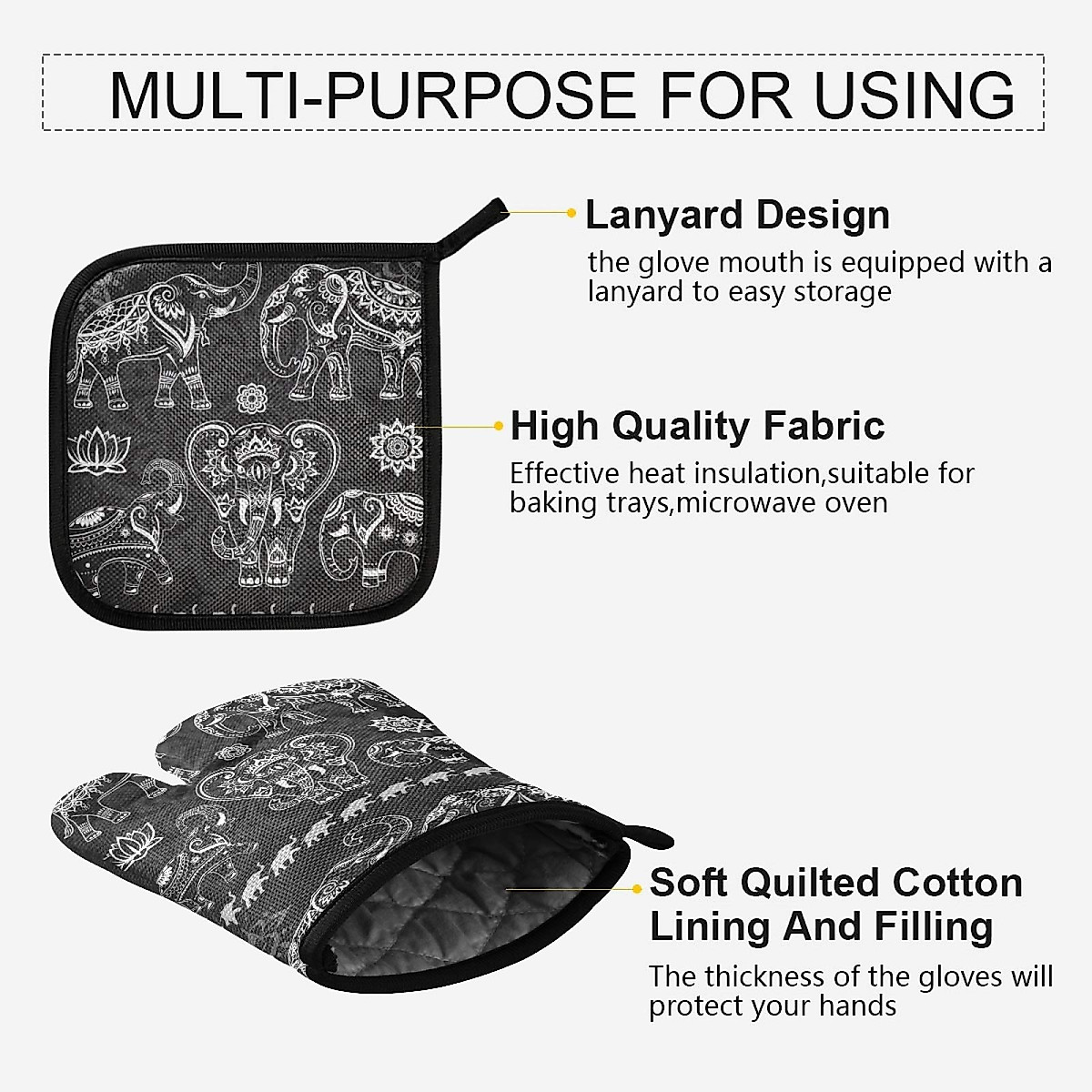 Oven Mit Pot Holder for Kitchen Elephants Black White Hot Pad Non-Slip Potholder Set for Baking, Grilling