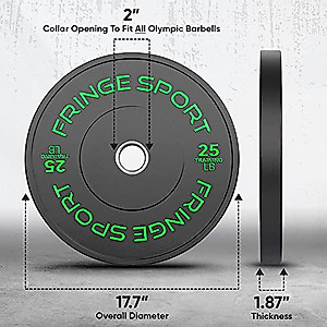 Fringe Sport Bumper Plates for Weightlifting and Strength Training - Rubber Weight Plates with Dead Bounce, Home Gym Equipment and Fitness Rally - Olympic Plates Ideal for Powerlifting - Pair and Set (Contrast-25lb-Green-Pair)