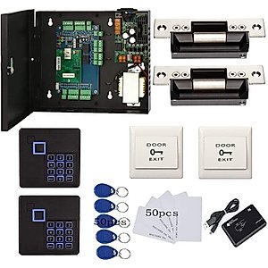 MENGQI-CONTROL IP Based 2 Doors Access Control Kit North American Strike Lock Keypad Reader Smart Keyless Lock System 110V Power Supply Box Phone APP Remote Open Door