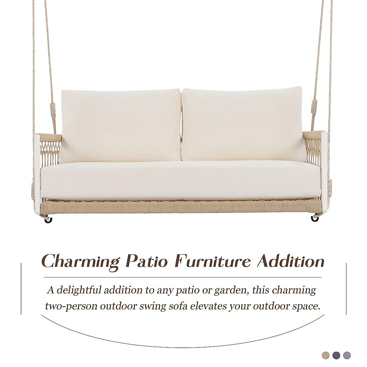 Quarte 1-Piece Woven Rope Outdoor Swing Sofa, 2-Person Porch Swing Bench with Soft Cushions, Patio Furniture for Garden, Backyard, Poolside (Beige/Rope)