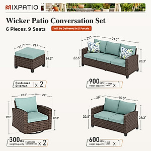 MIXPATIO Patio Furniture Set, 6 Pcs Wicker Outdoor Conversation Set, 2 x Swivel Chairs, 1 x 3 Seater Sofa, 1 x 2-Seat Lover Sofa and 2 x Ottomans with 4" Thick Cushion for Garden Backyard Deck, Blue