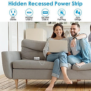Hidden Sofa Socket, Couch Charging Station Plug in 2AC Outlets PD20W USB-C, QC3.018W USB-A,Furniture Outlet 1050J Surge Protector, Low Profile Extension Cord Flat Plug