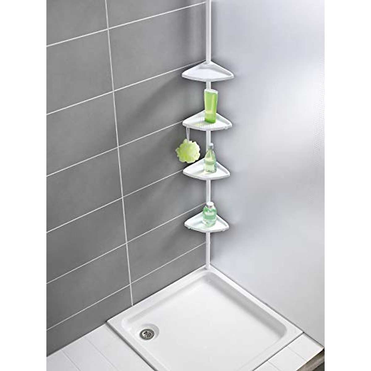 WENKO, White, Tension Pole, Caddy, Corner Shower Storage, 4 Shelves, 4 Hooks, Dimensions 10.2 x 30.7-108.3 x 7.7 108.3 x 7.7 inch