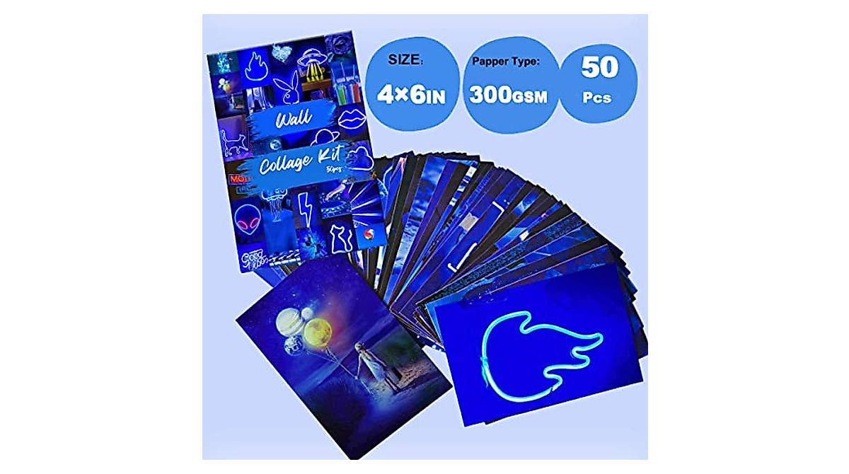 Blue Neon Wall Collage Kit - 50 Aesthetic Posters for Teen Bedrooms