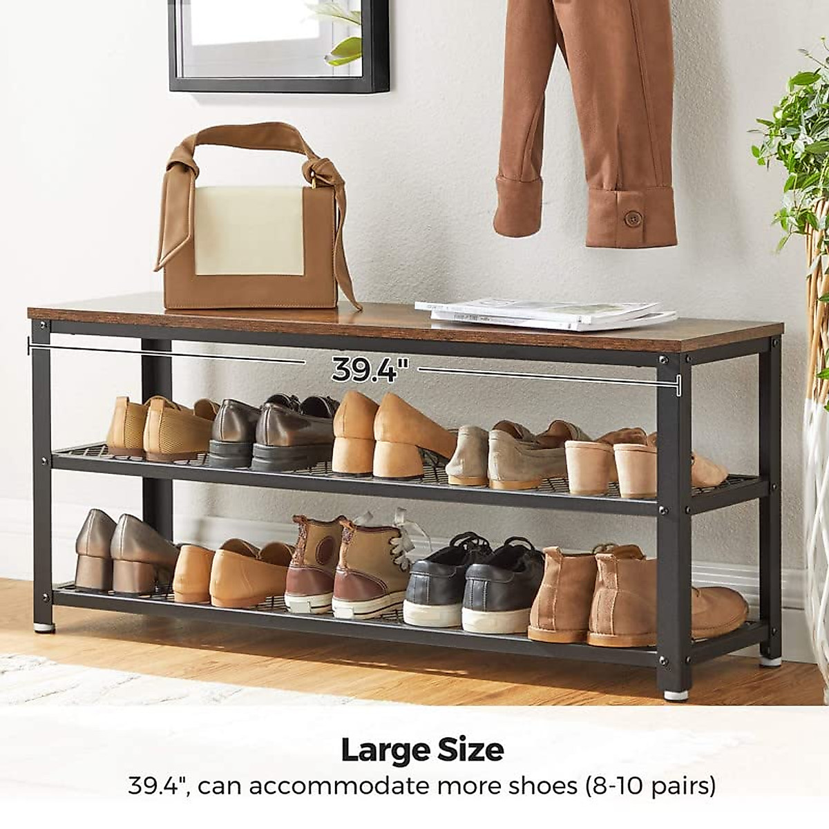 VASAGLE, 3-Tier Shoe Rack, Shelf Storage Bench with Metal Mesh Shelves and Seat, Free Standing Shoe Organizer for Entryway, 11.8 x 39.4 x 17.7 Inches, Rustic Brown and Black ULBS078B01