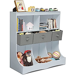 kinbor Kids Storage Organizer Bookcase - 3-Tier Toy Storage Cabinet Toddlers Bookshelf with 3 Removable Drawers, Baskets Multi Shelf Cubby for Nursery Activity Room Bedroom, White