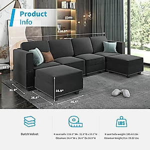 Mjkone Modular Sectional Sofa with Adjustable Armrest and Backrest for Living Room，U Shaped Couch 6 Seater Convertible Sectional Couch with Storage Ottoman -Dark Grey