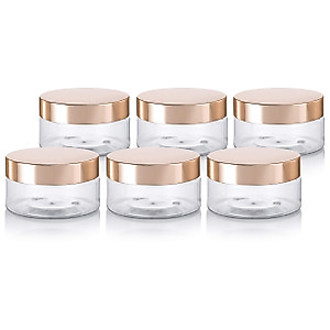 8 oz Clear PET Plastic Low Profile Jar Gold Metal Overshell Lid (6 Pack) Refillable Empty Storage Containers