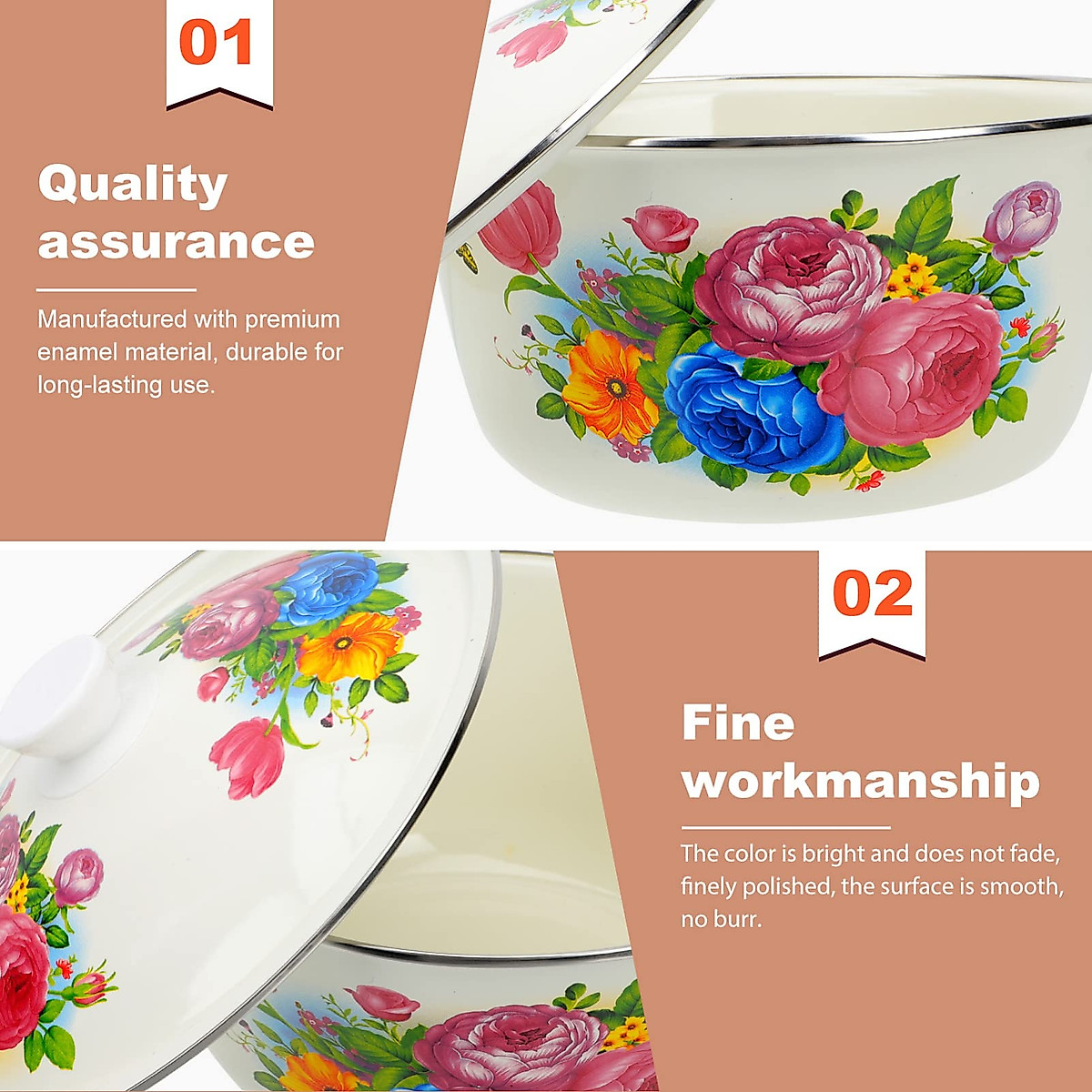 Angoily Enamel Mixing Bowl with Lid Flower Large Salad Bowl Enamelware Washing Basin Chinese Style Soup Bowls Vintage Serving Bowl for Ramen Asian Dishes Cereal Rice Noodle