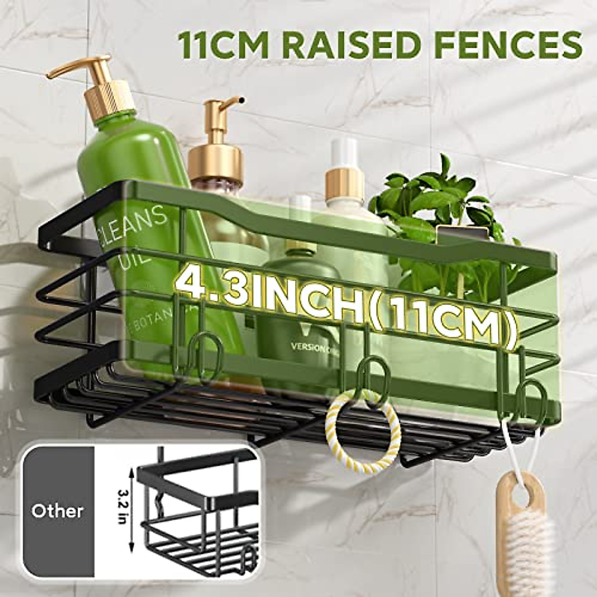 Adhesive Shower Caddy Bathroom Organizer, High Guardrail Shower Shelf for Inside Shower with 5 Hooks, No Drilling Shower Organizer Rustproof Stainless Steel Wall Mounted Shower Shelve - 2 Pack