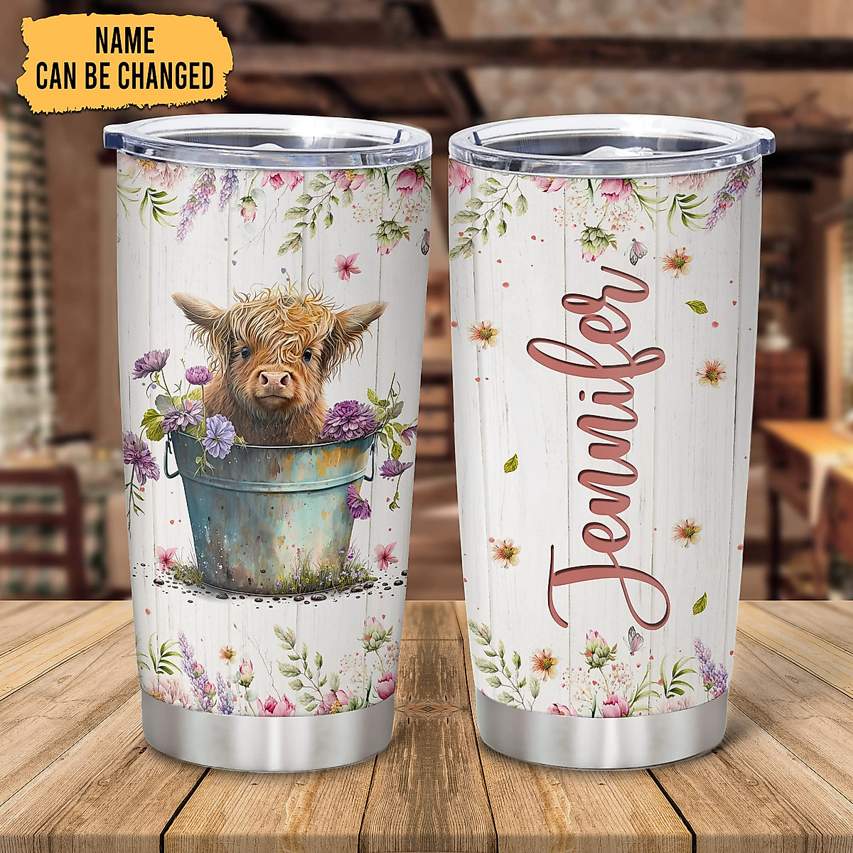 Hyturtle Personalized Gifts For Highland Cow Lover - Highland Cow Customized Name Stainless Steel Tumbler 20oz With Lid - Idea Farm Animals Lover Gifts For Women, Girl, kids On Birthday, Christmas