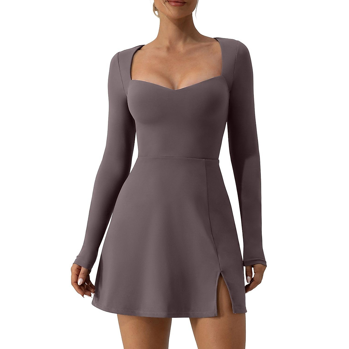 QINSEN Womens Sexy Sweetheart Neckline Double Lined Top Long Sleeve Athleisure Mini Dress Tea Leaf M