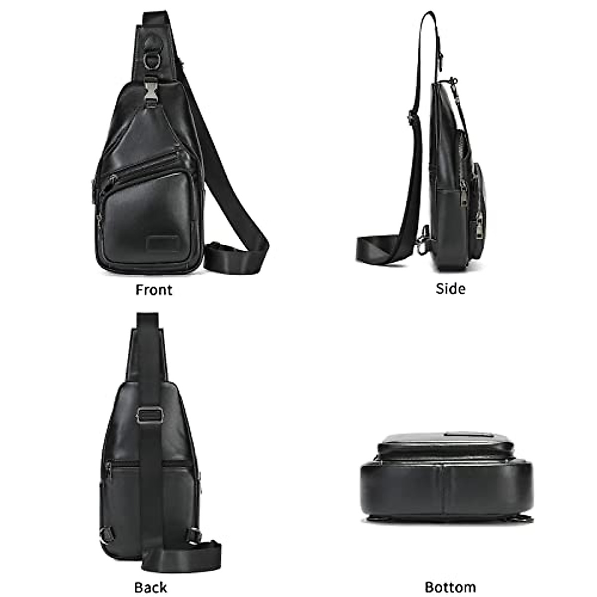 Genuine Leather Sling Bag, Metal Buckle Crossbody Bags Shoulder Cross Chest Pack Small Travel Backpack for Men and Women Black