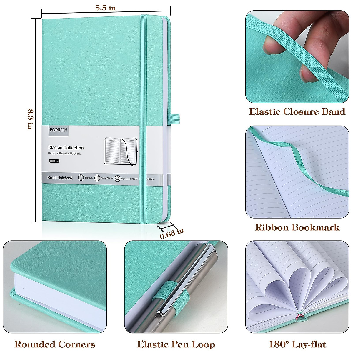 POPRUN A5 Lined Journal Notebooks, 8 Pack PU Leather Hardcover Notebook for Writing, Business Work,Travel,School,College, 5.5 x 8.3 inch, 240 Pages Classic College Ruled Journals Notepad, Multicolored