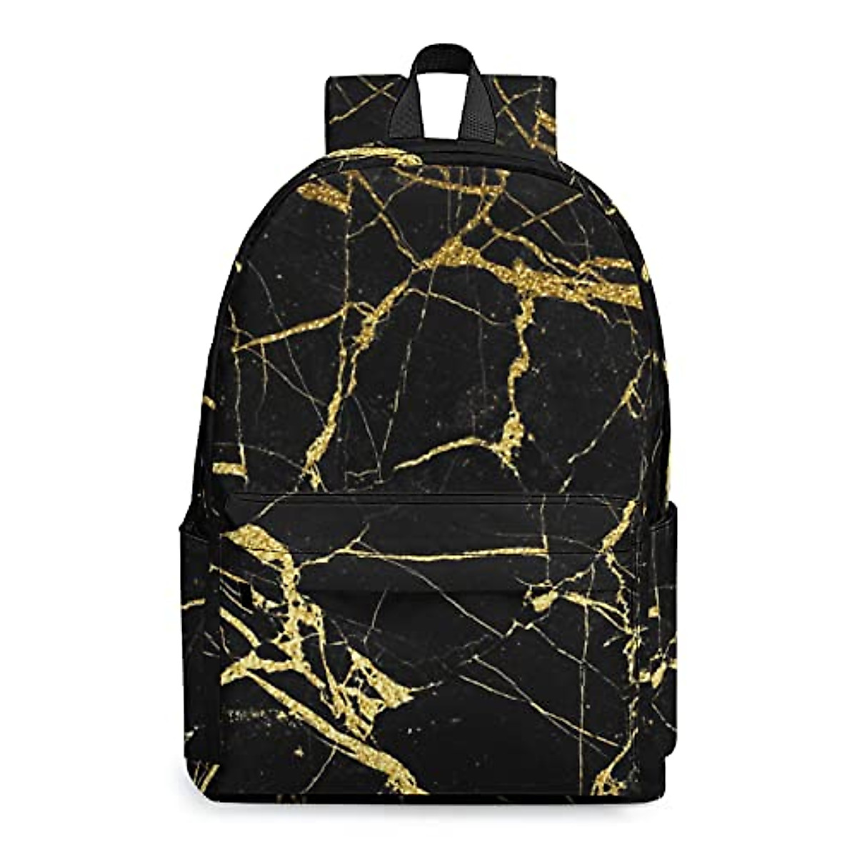 QSMX Chic Black And Gold Marble Texture Lightweight Backpack for School, Fashion Basic Water Resistant Casual Daypack for Travel Hiking Work with Bottle Side Pockets