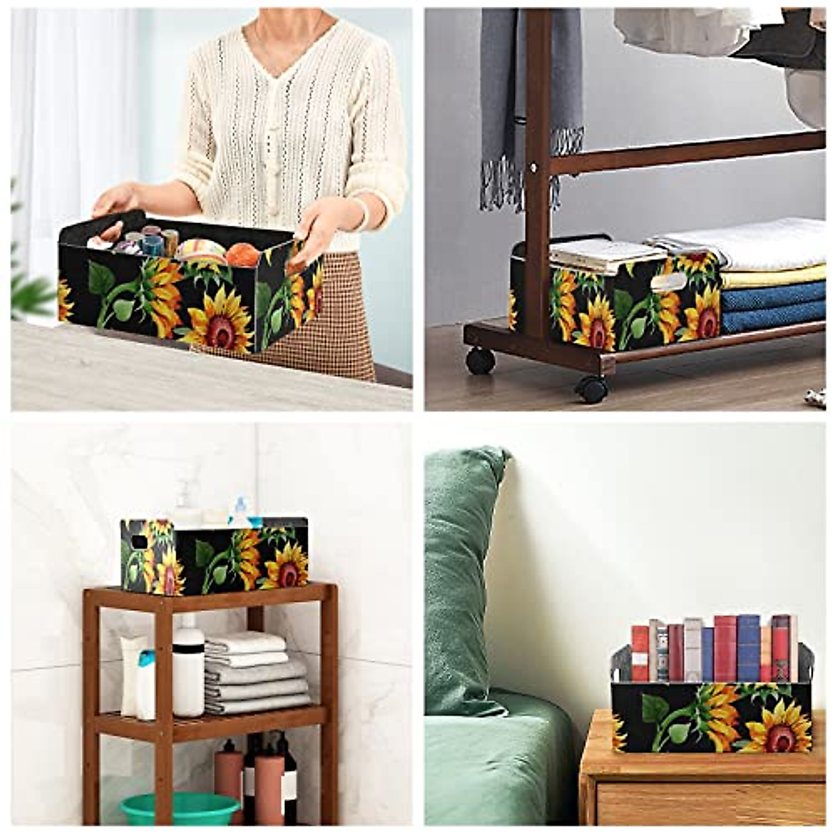 NFMILI Fabric Storage Cube Sunflowers Painting Decorative Foldable Storage Basket Organizer with Handles Rectangle Thick for Multi Use 13.7×10.2×5.1 Inch