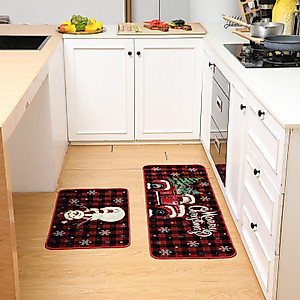 Drydiet 2 Set Buffalo Plaid Christmas Kitchen Rugs Snowman Snowflake Red Truck Kitchen Rug Xmas Non Slip Christmas Kitchen Mat for Winter Home Kitchen Christmas Decor, 17 x 29 Inch and 17 x 49 Inch