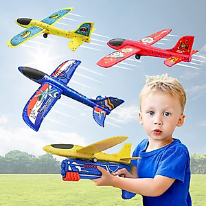 GNAlGNAt 3 Pack Foam Airplane Launcher Toys, Boys Outside Outdoor Flying Toys Birthday Gift for Kids Age 3+ 4 5 6 7 8 9 10 11 12 Year Old Boys Glider Plane Party Supplies with 3 Set of Stickers