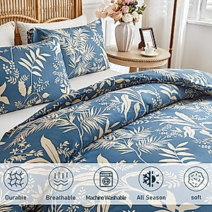 OLDBIAO Botanical Duvet Cover Set King Size, 3 Pieces Blue Floral Leaf Pattern Bedding Set with 2 Pillow Shams, Farmhouse Style Soft Microfiber Comforter Cover Set for All Season Use