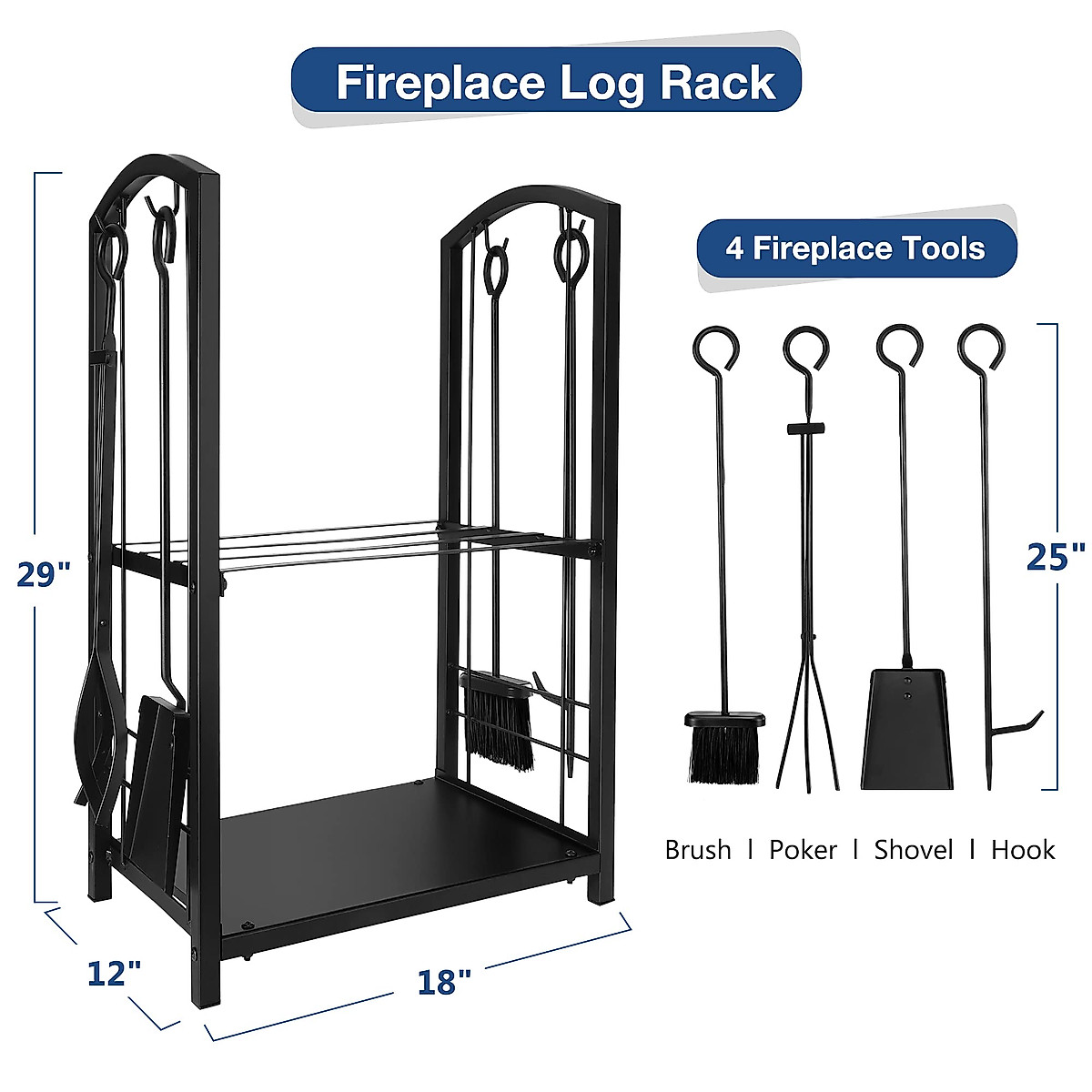 Delxo Fireplace Rack Indoor with 4 pcs Fireplace Tools Fire Pits Tools for Outdoor Log Holder Wood Stove Accessories Black Fireplace Log Rack Wrought Iron Logs Bin Holder for Fireplace Tool Set