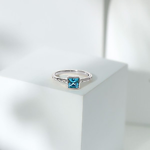Rosec Jewels Certified Natural Swiss Blue Topaz Diamond Promise Ring, AAA Quality, Blue Topaz Diamond Commitment Ring - Ready to Gift, 14K White Gold, Size:US 5.00