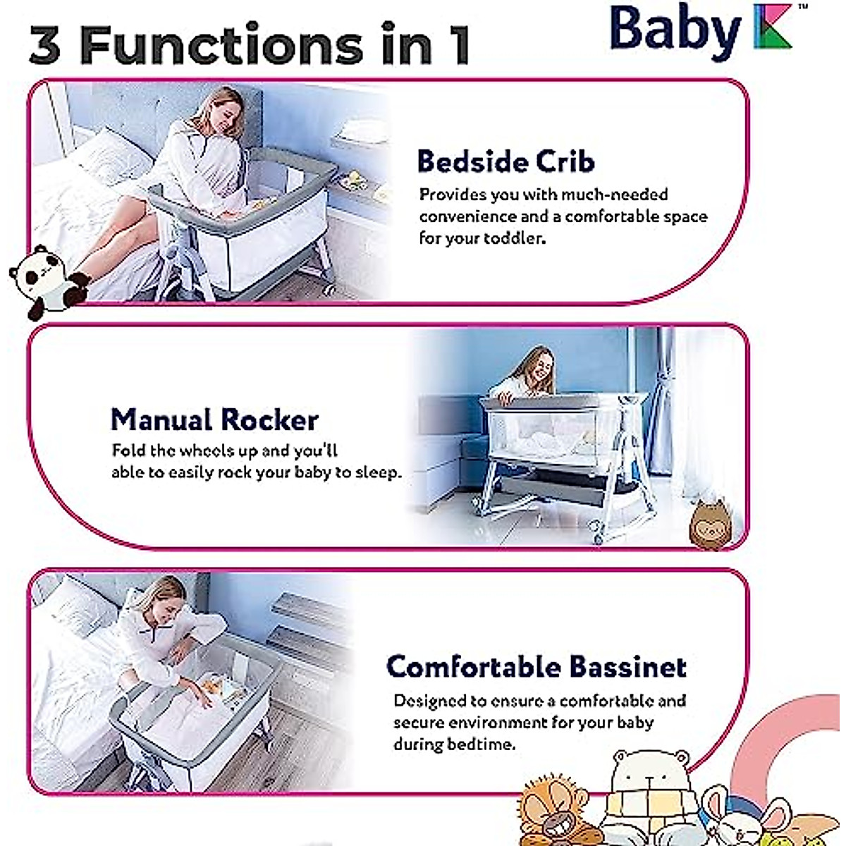 BABY K Mesh Bassinet Bedside Sleeper (Grey) - 3 in 1 Convertible Bassinet with Breathable Mesh and Mattress - Bedside Bassinet for Baby Crib Attach to Bed - Baby Co Sleeper for Bedside for Infants