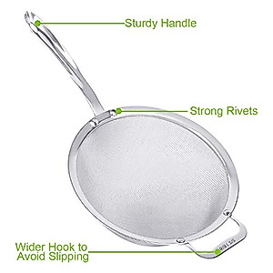 9" Large Mesh Strainer, Stainless Steel 18/8 Extra Fine Quinoa Sieve, with Solid Sturdy Handle, Flour Filter with Wider Hook
