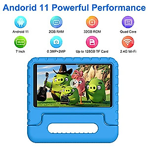 AOCWEI 2023 Kids Tablet, 7 inch Android Tablets for Kid Toddler with 32GB ROM 128GB Expand, WiFi 6, Parental Control, IWAWA Pre-Installed, Cute Kid-Proof Case, Bluetooth 5.0, Learning (Blue)