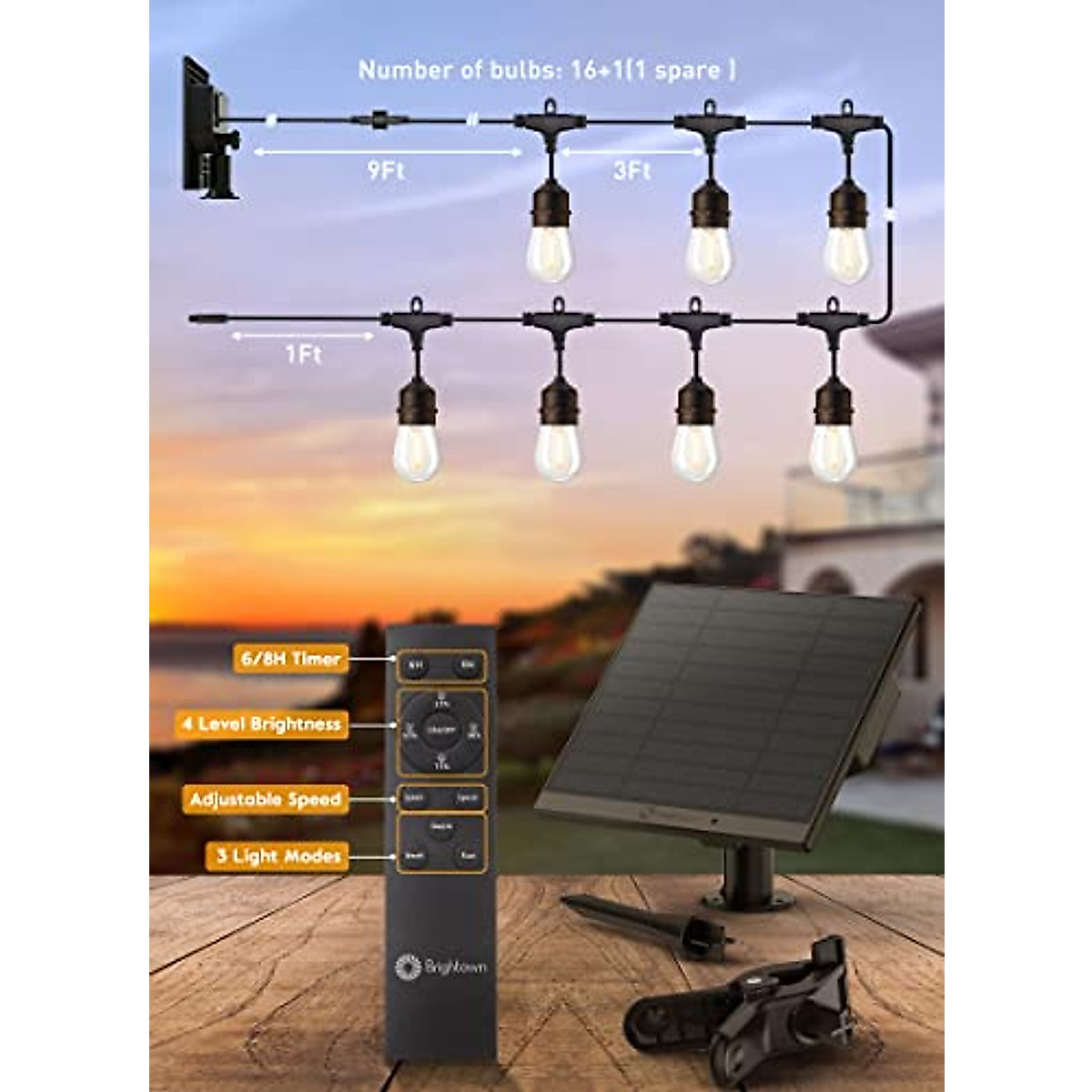Solar String Lights Outdoor with Remote and Clips - 55FT(45+10) 16 LED Patio Lights with Type-C Port, 3 Modes S14 Lights, Waterproof Cafe Lights Shatterproof for Outside Garden Bistro Party Backyard