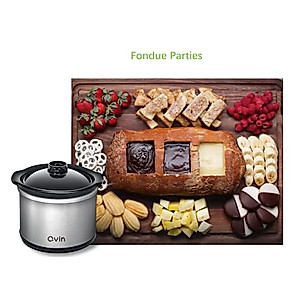 Qvin 0.65-qt Mini Round Slow Cooker 1pc + 10pcs Disposable Liners, Fondue Melting Pot Warmer with Dishwasher-safe Stoneware Crock, Glass Lid, Stainless Steel housing, BPA Free