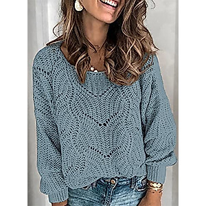 Dokotoo Womens Ladies Cute Fashion Casual Loose Winter Fall 2023 Color Block Hollow Out Chunky Cable Knit V Neck Long Sleeve Sweaters Pullover Dusty Blue Large