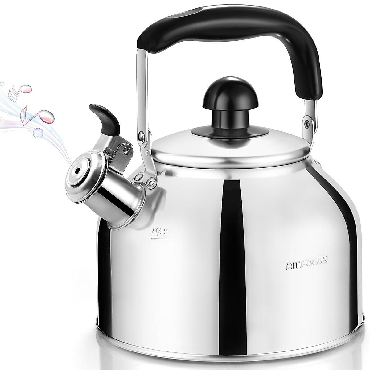 AMFOCUS Tea Kettle Stovetop, Whistling Tea Kettle Pots for Stove Top, 2.64 QT Food Grade Stainless Steel Teakettle Teapot with Cool Grip Folding Handle, Hot Water boiler for Tea, Milk, Coffee