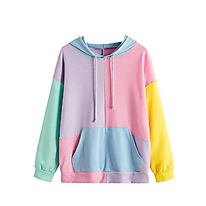 SweatyRocks Women's Cute Color Block Long Sleeve Pullover Hooded Sweatshirts Top Purple Pink S