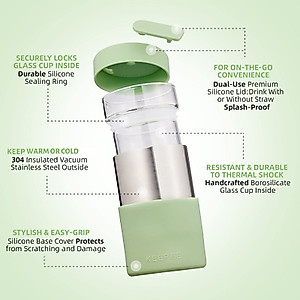 KEEPEE Insulated Glass Travel Coffee Mug with Silicone Lid - Reusable Glass Coffee Cup - Insulated Tumbler with Glass Insert - 10oz Green