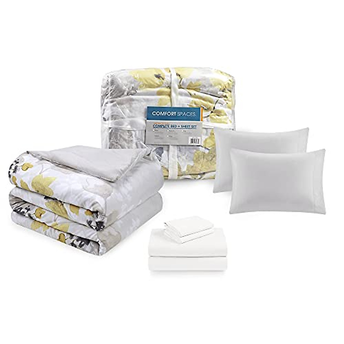 Comfort Spaces Bed in A Bag - Trendy Casual Design Cozy Comforter with Complete Sheet Set with Side Pocket, All Season Cover, Matching Shams, Queen, Nina, Leaf Yellow/Grey 9 Piece