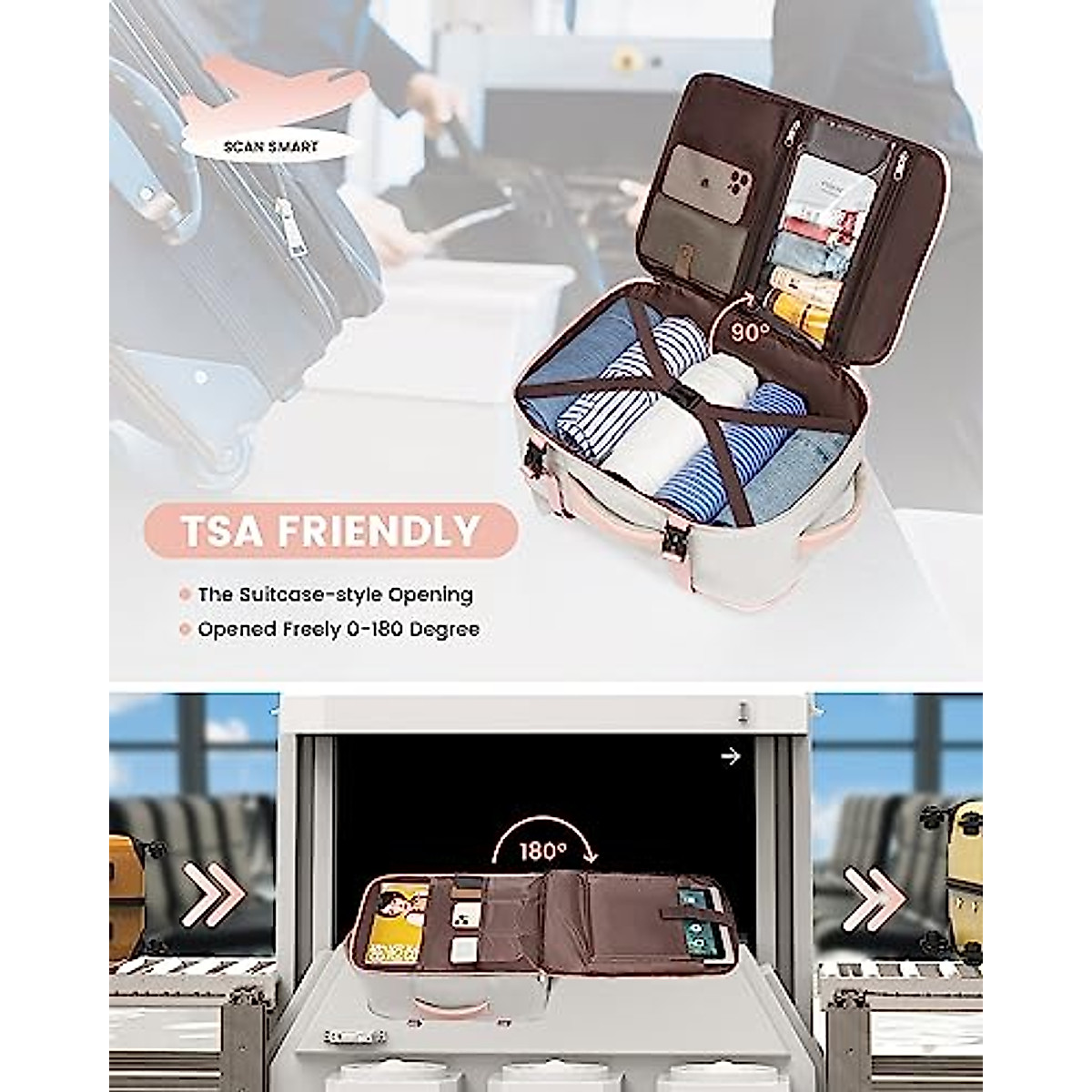 LOVEVOOK Carry On Backpack, 40L Travel Backpack Women with 3 Packing Cubes, TSA Airline Approved Suitcase Bag as Personal Item, Waterproof 17 inch Laptop Backpack for Weekender Overnight,Grey Pink