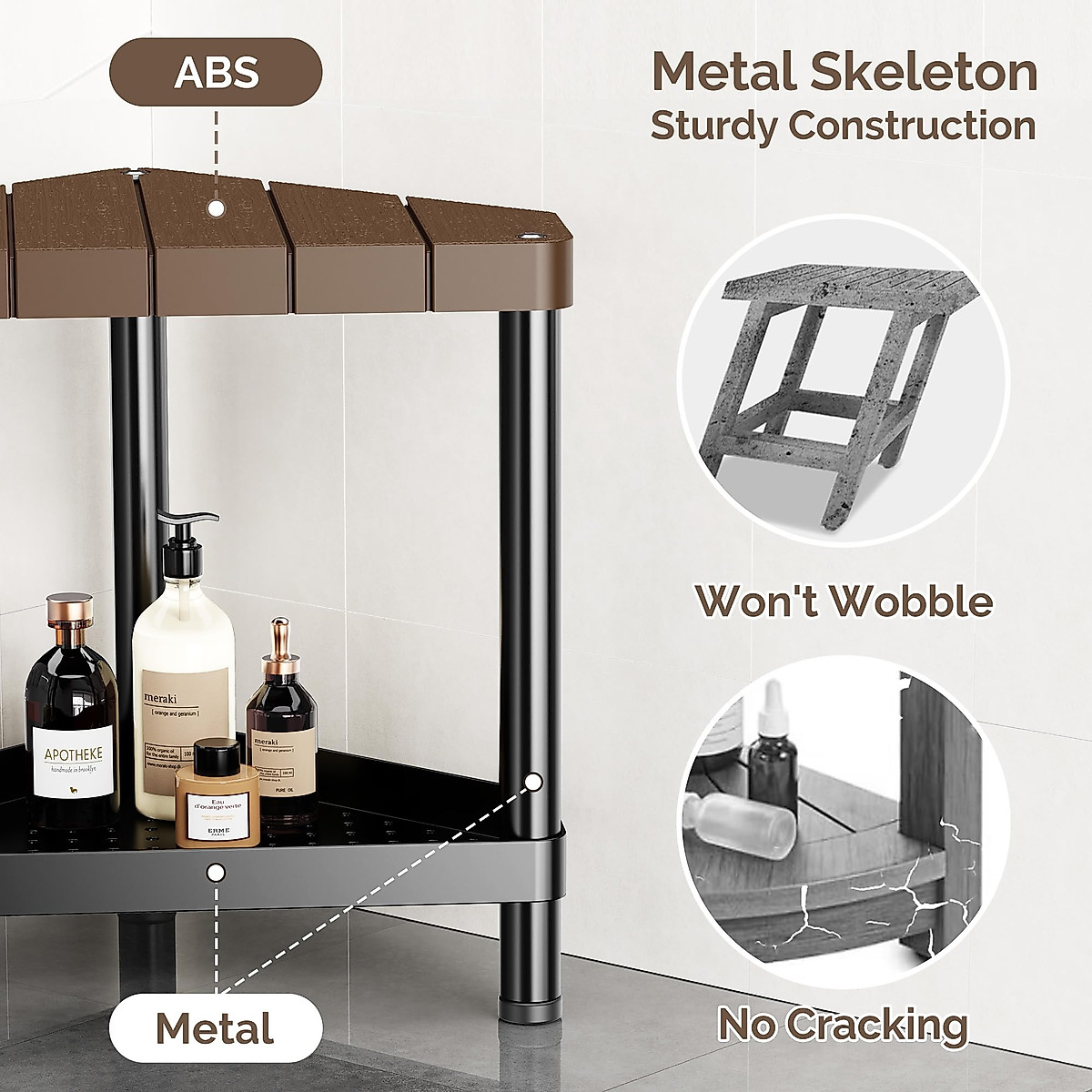 Orimade Corner Shower Bench Inside Shower Stool for Shaving Legs with Storage Shelf, Waterproof Shower Foot Rest Chair, Rustproof Metal ＆ Plastic Shower Seat Organizer for Bathroom(Bronze)